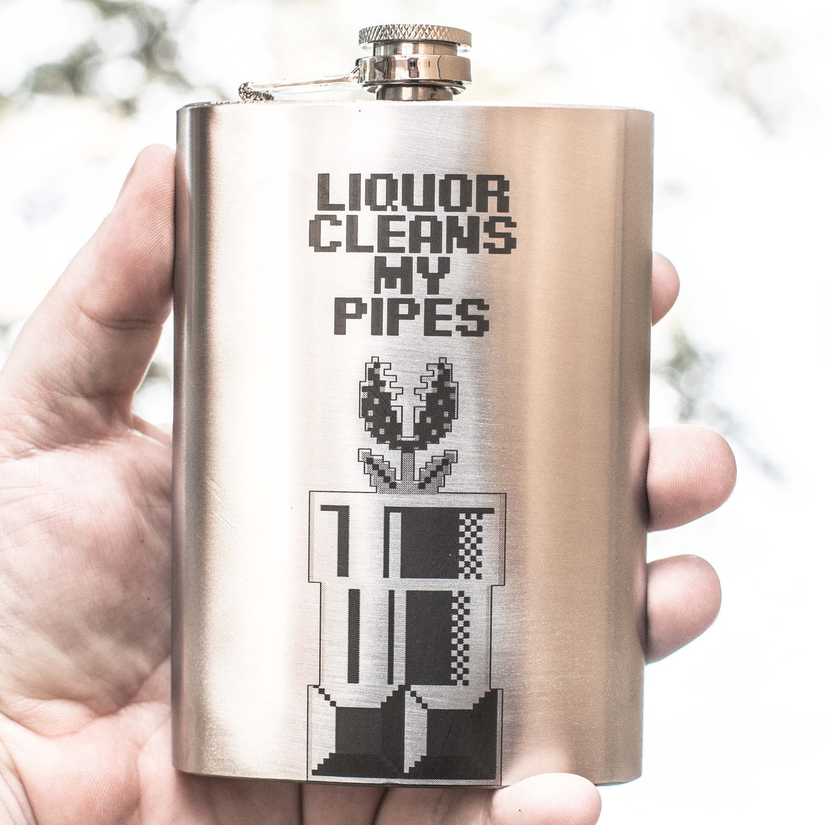 8oz Liquor Cleans My Pipes Stainless Steel Flask – MythicPlasmaArt